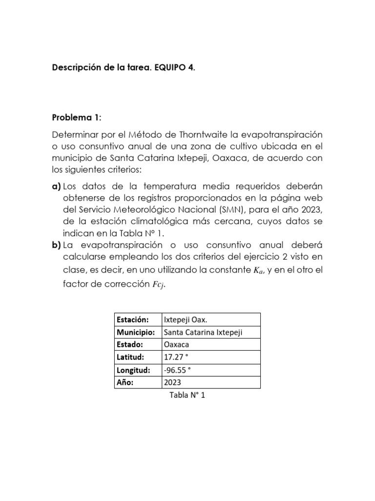 U4 Tarea Cálculos Uso Consuntivo EQ4 | PDF | Evapotranspiración | Fenómenos Meteorológicos