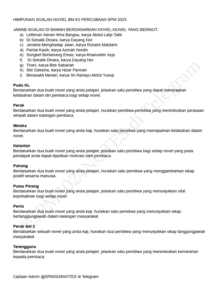 Soalan Novel BM K2 SPM 2023 | PDF
