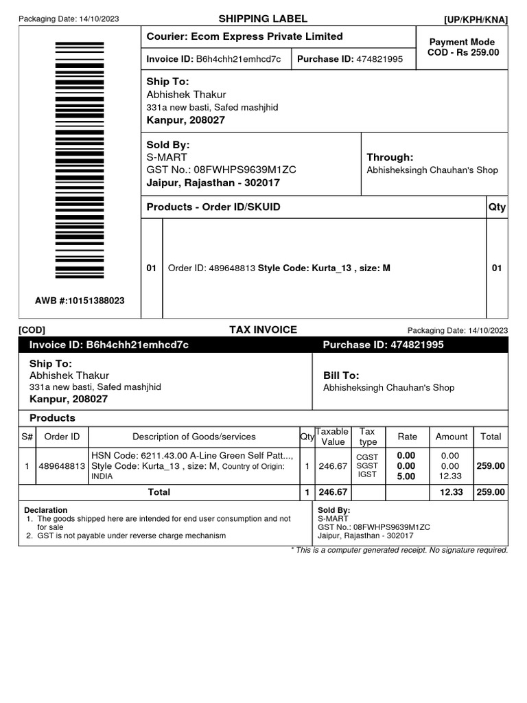Abhishek Thakur: Shipping Label Courier: Ecom Express Private Limited ...