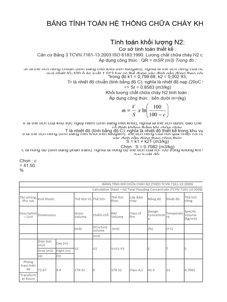 BẢNG TÍNH TOÁN HỆ THỐNG CHỮA CHÁY KHÍ NI TƠ IG100 | PDF