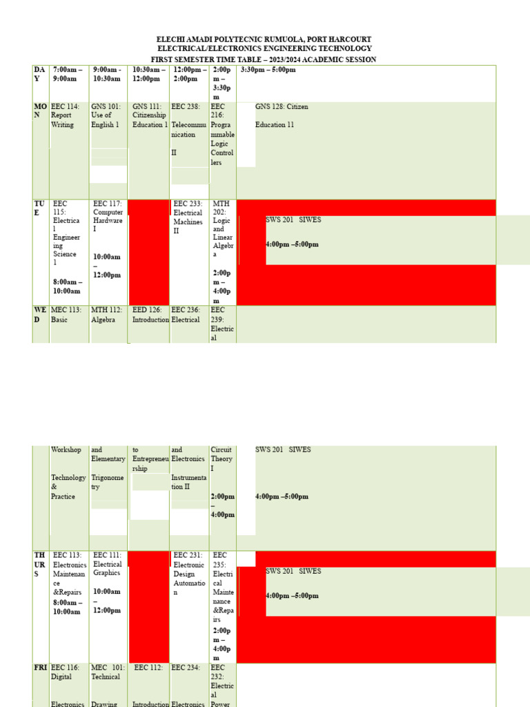 Electrical Engineering Timetable 2023/24 | PDF | Electronics | Physical Sciences