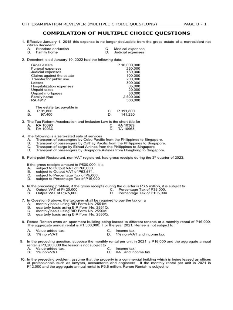 CTT EXAMINATION REVIEWER - Compilation of MCQs | PDF | Value Added Tax | Taxes