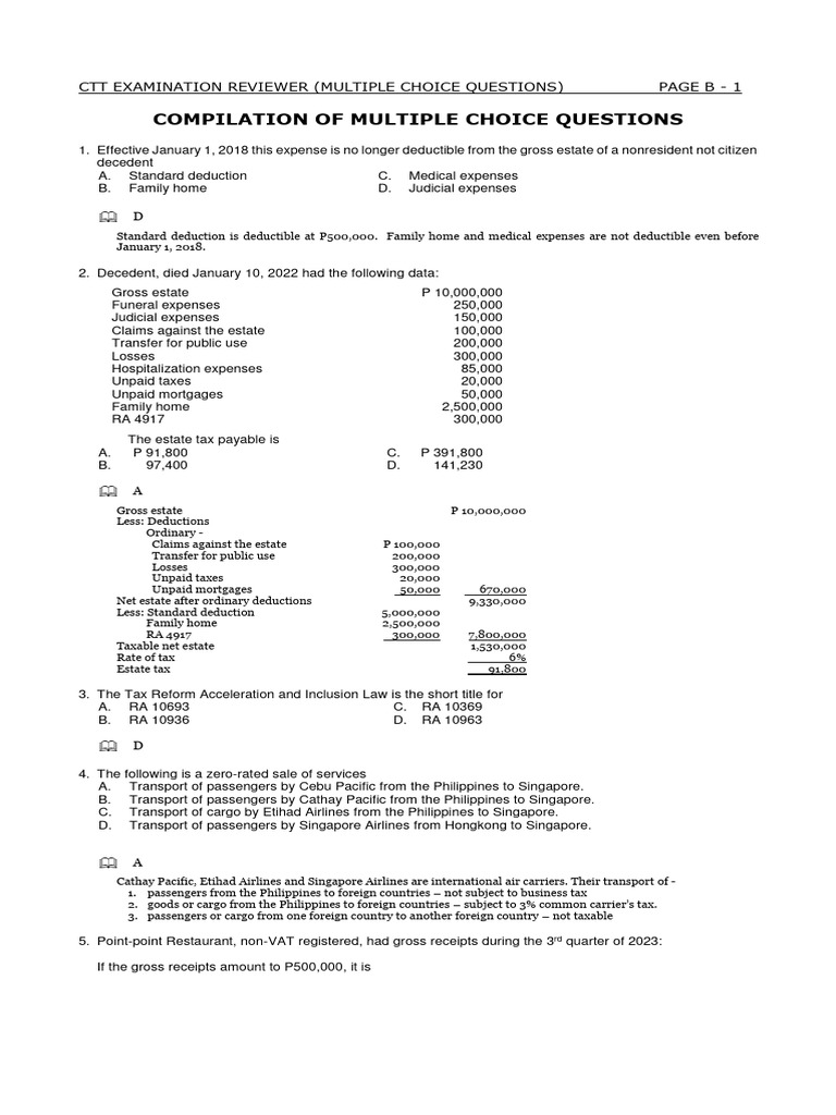 CTT EXAMINATION REVIEWER - Compilation of MCQs (Key) | PDF | Taxes ...