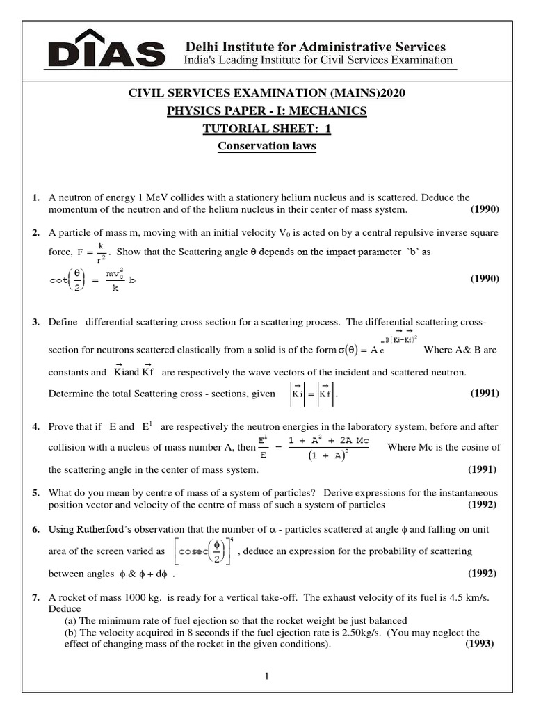 Classical Tutorial Sheet - PYQ CSE Revised | PDF | Waves | Rotation