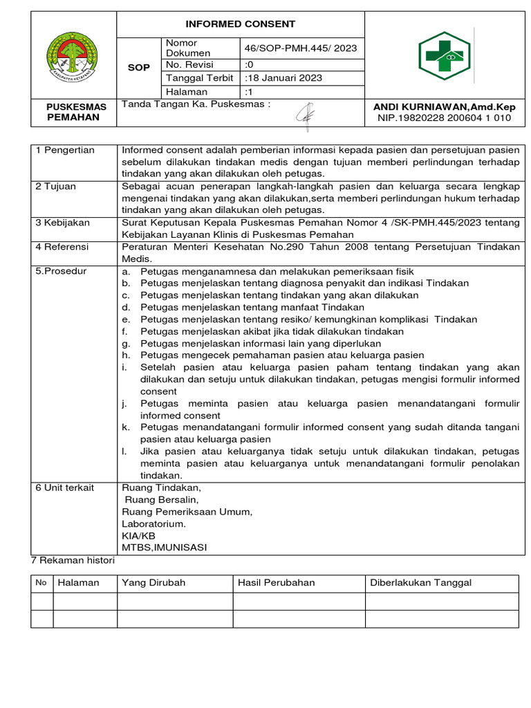 Prosedur Informed Consent Puskesmas Pemahan | PDF