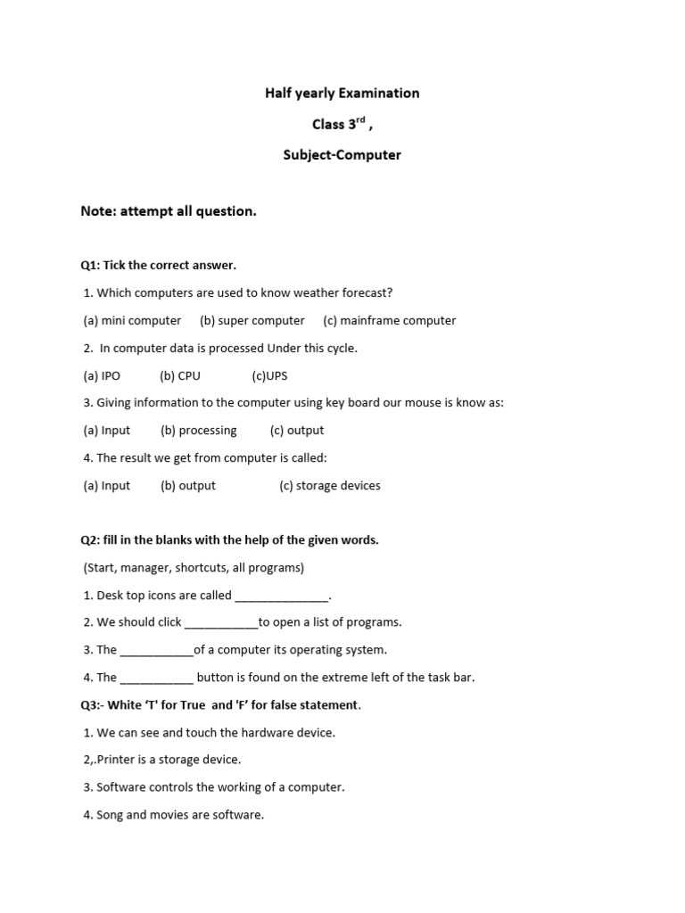 Class 3 Computer Half-Yearly Exam | PDF