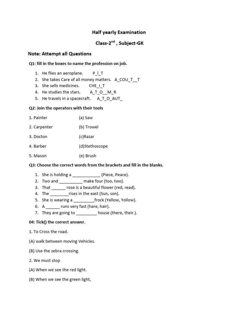 Half Yearly Examination Class 2 GK | PDF