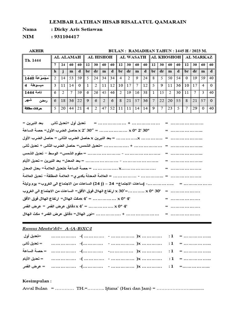 Blangko Latihan Hisab Risalatul Qamarain (Dicky Aris Setiawan) | PDF