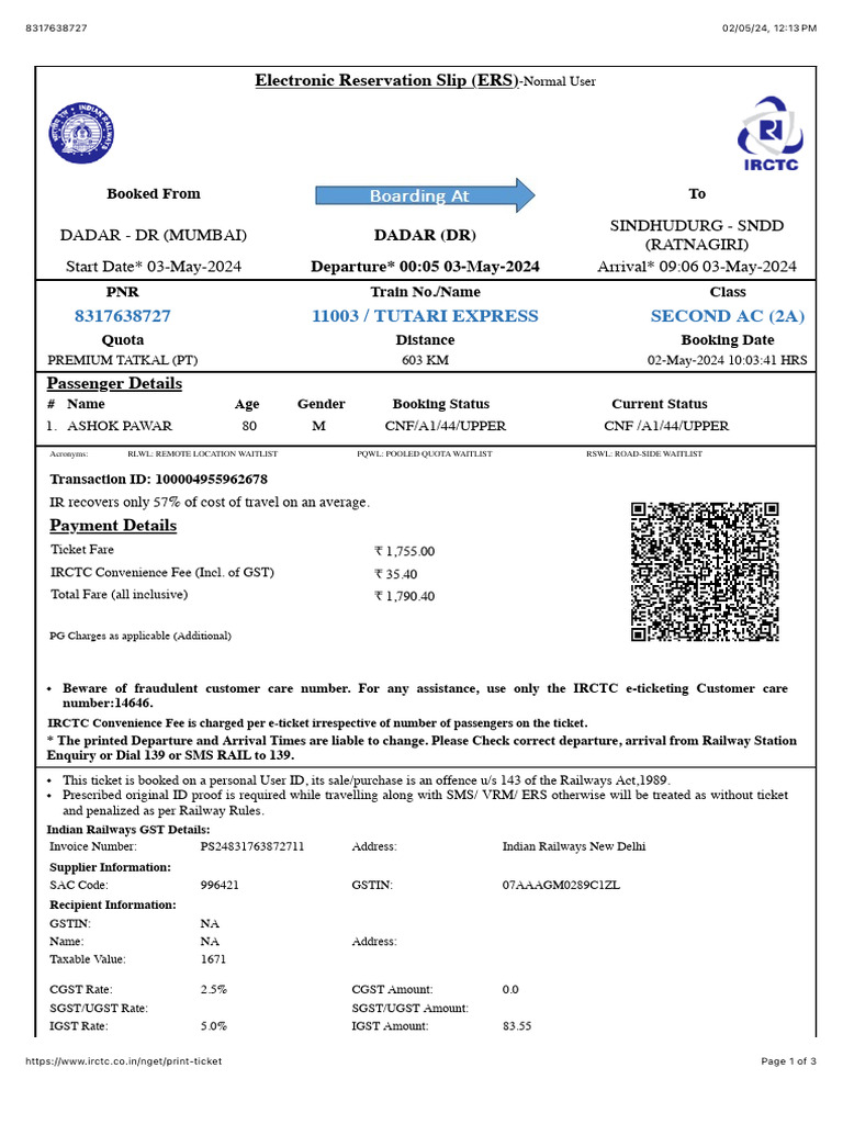 Tutari Express Second Ac (2A) : Electronic Reservation Slip (ERS) | Download Free PDF | Identity ...
