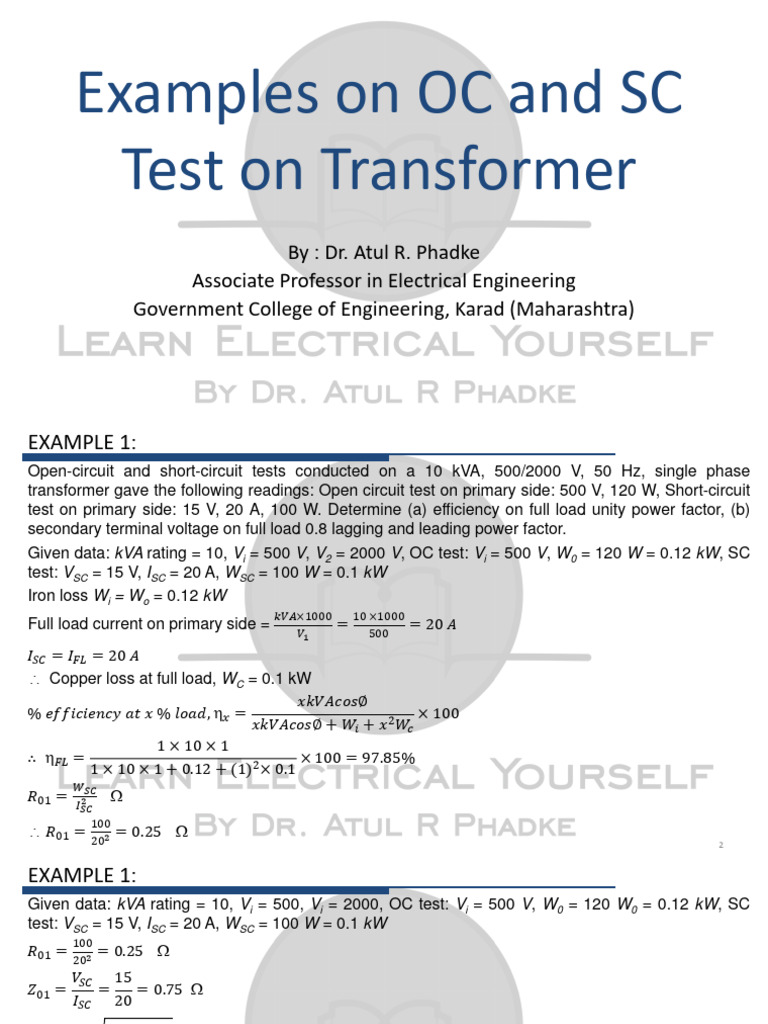 Examples On OC and SC Test of Transformer For PDF | Download Free PDF ...