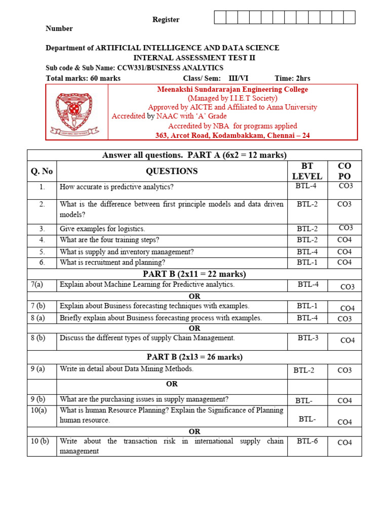 ccw331 Business Analytics Internal I SET 1 Question Paper | PDF | Analytics | Predictive Analytics