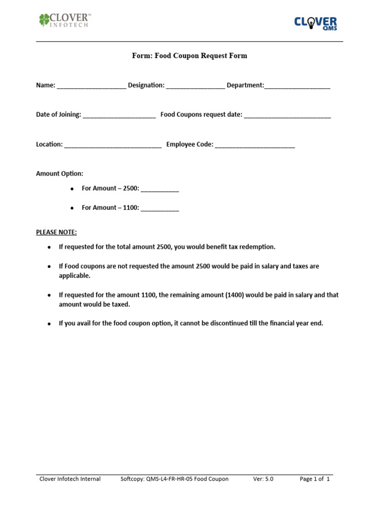 Food Coupon Request Form Template | PDF | Finance & Money Management