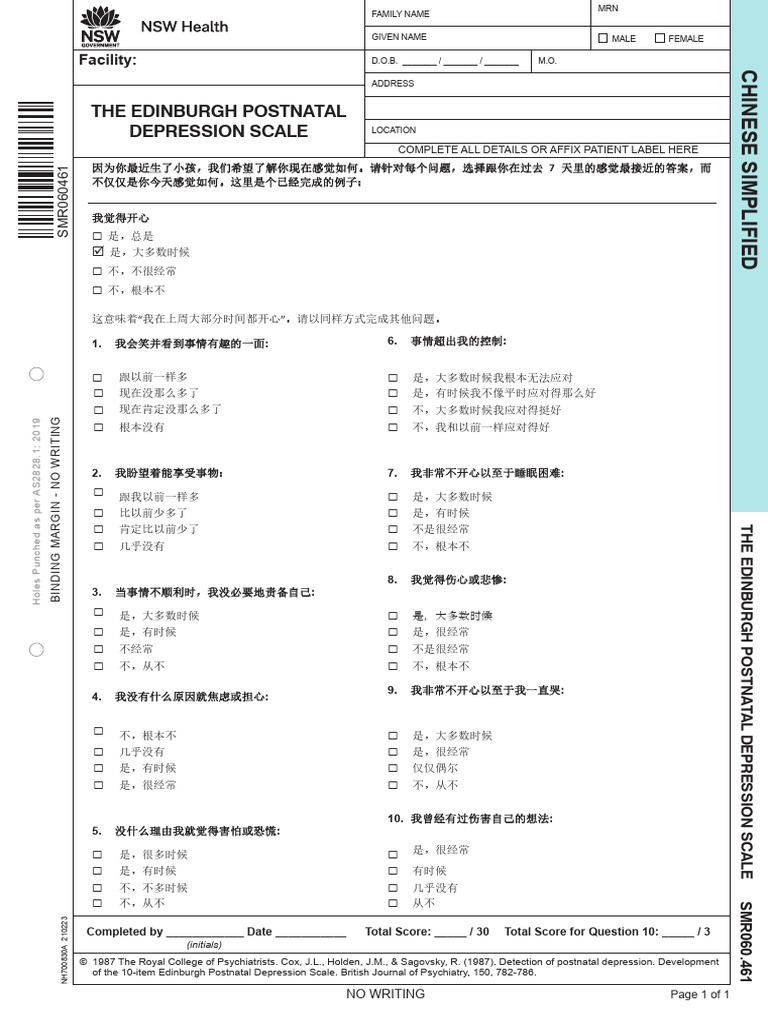 Chinese Edinburgh Postnatal Depression Scale | PDF