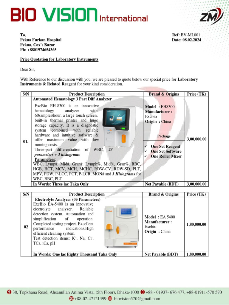Bio vision International machine Quotation | PDF