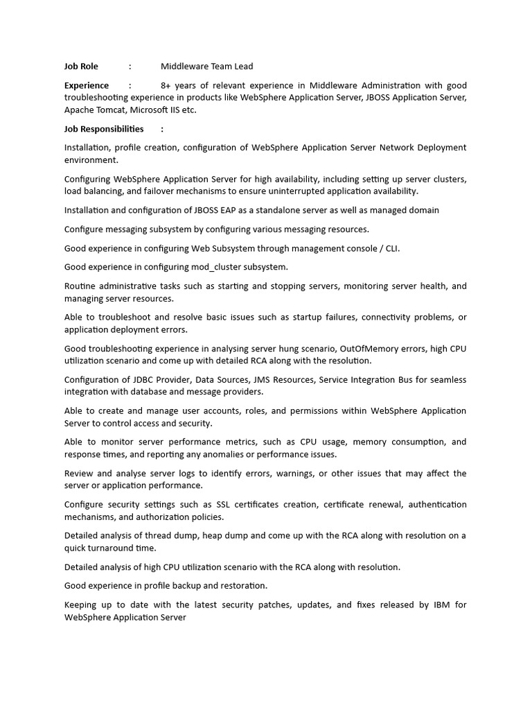 Middleware Team Lead Job Description | PDF | Server (Computing) | Security