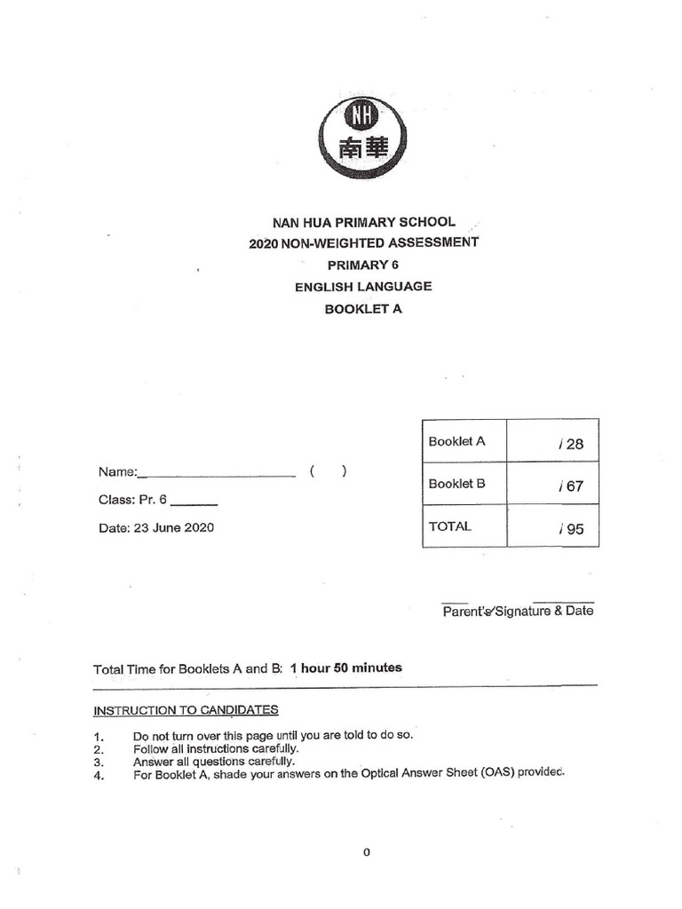 P6 English 2020 SA1 Nanhua Exam Paper | PDF