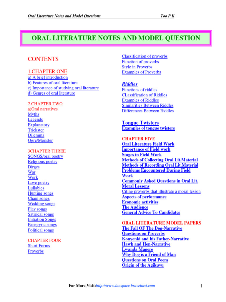 Oral Literature Revision Notes and Exercises HTML (2)-1 | PDF ...
