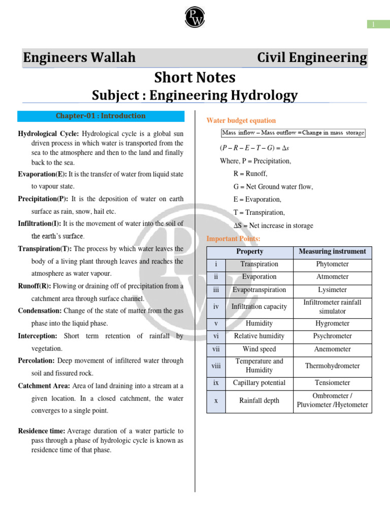 Short Notes - Engineering Hydrology - Ankur Tyagi Sir - Vijay | PDF ...