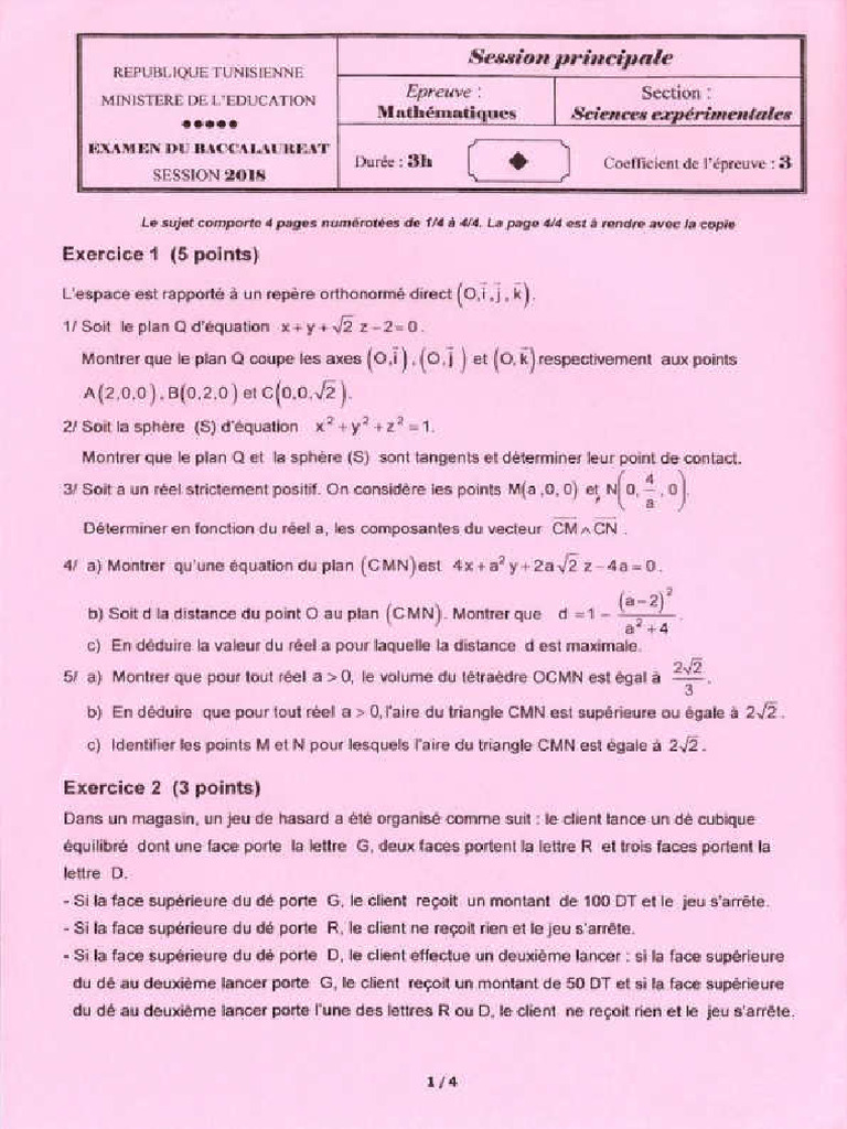 Bac 2018 Bac Sciences Epreuve Math Session Principale PDF | PDF