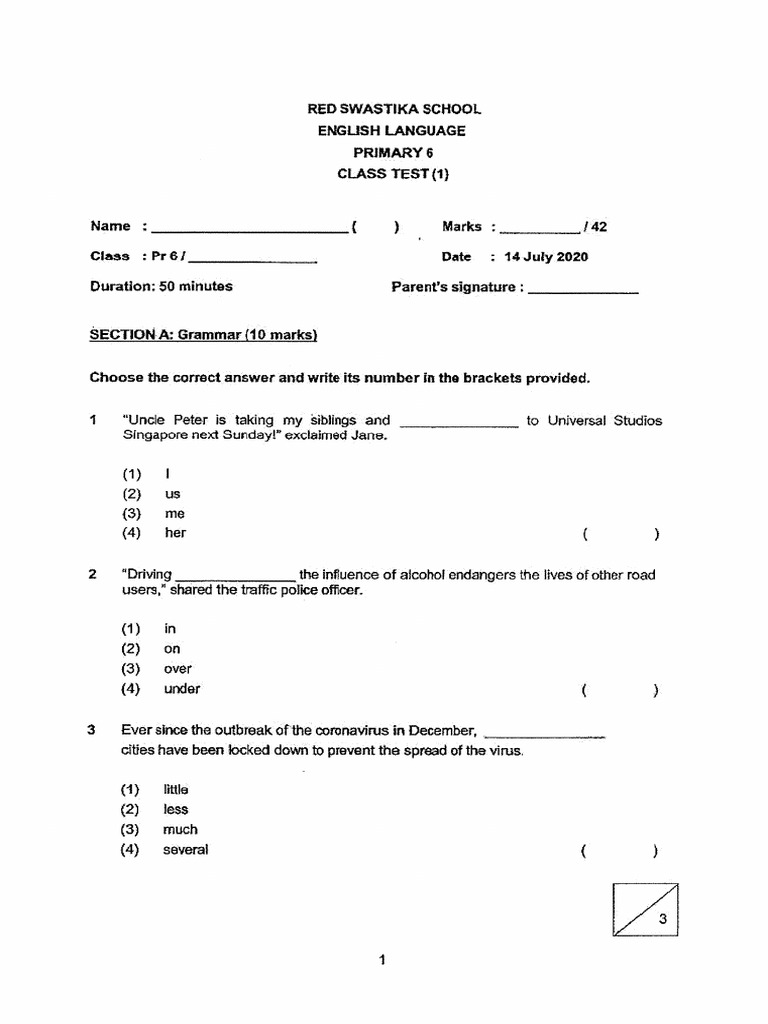 P6 English 2020 SA1 Red Swastika Exam Paper | PDF