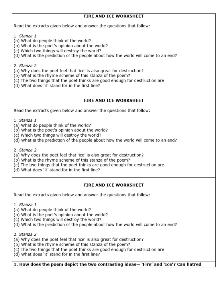 Fire and Ice Worksheet | PDF | Poetry | Hatred