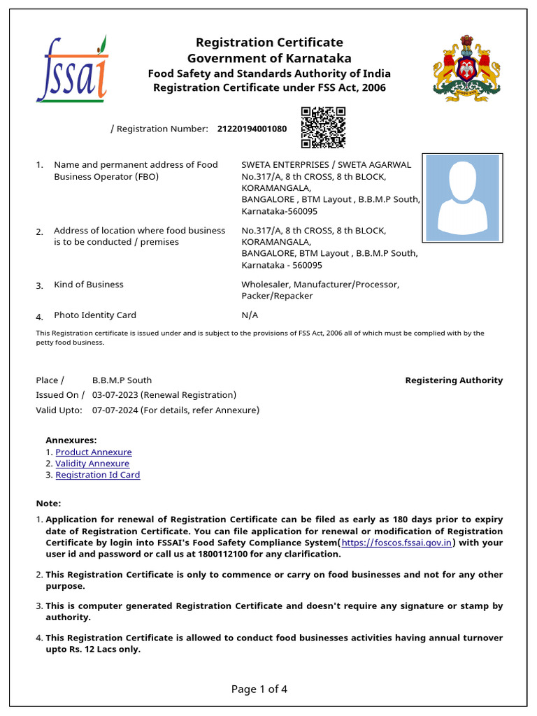 FSSAI Certificate 2023-24 | Download Free PDF | Foods