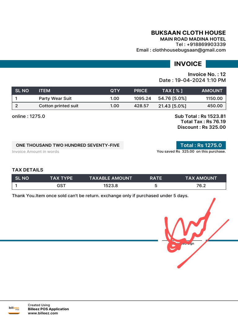 Invoice for Buksaan Cloth House Purchase | PDF