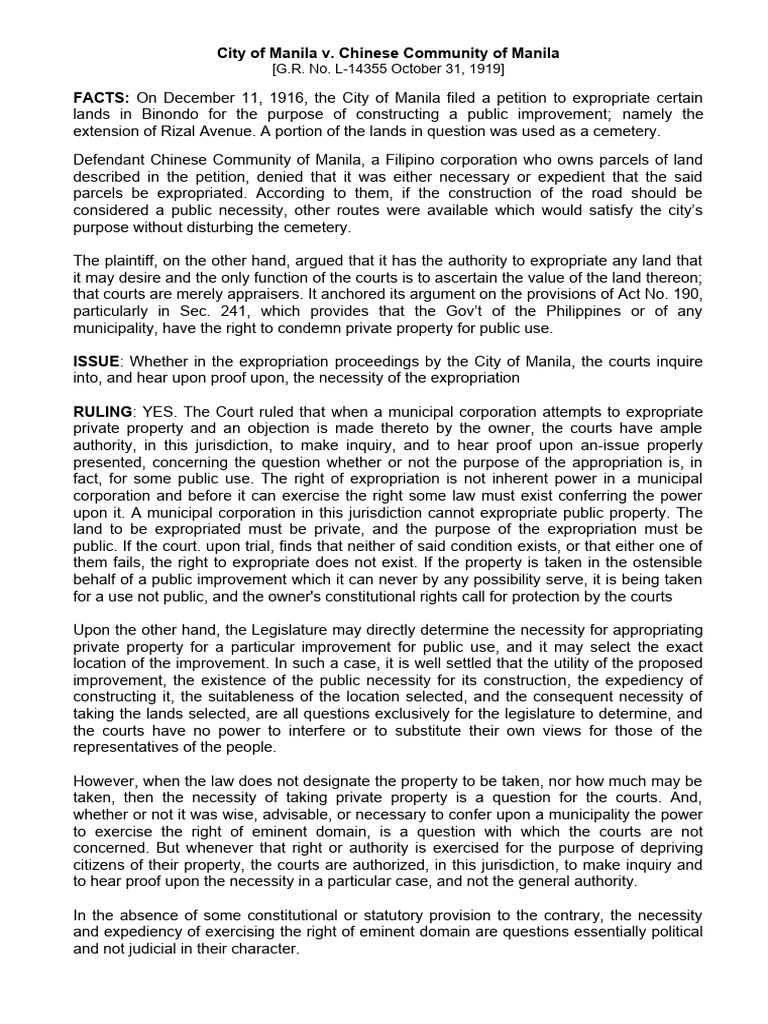Manila Expropriation Case Analysis | PDF | Eminent Domain | Justice
