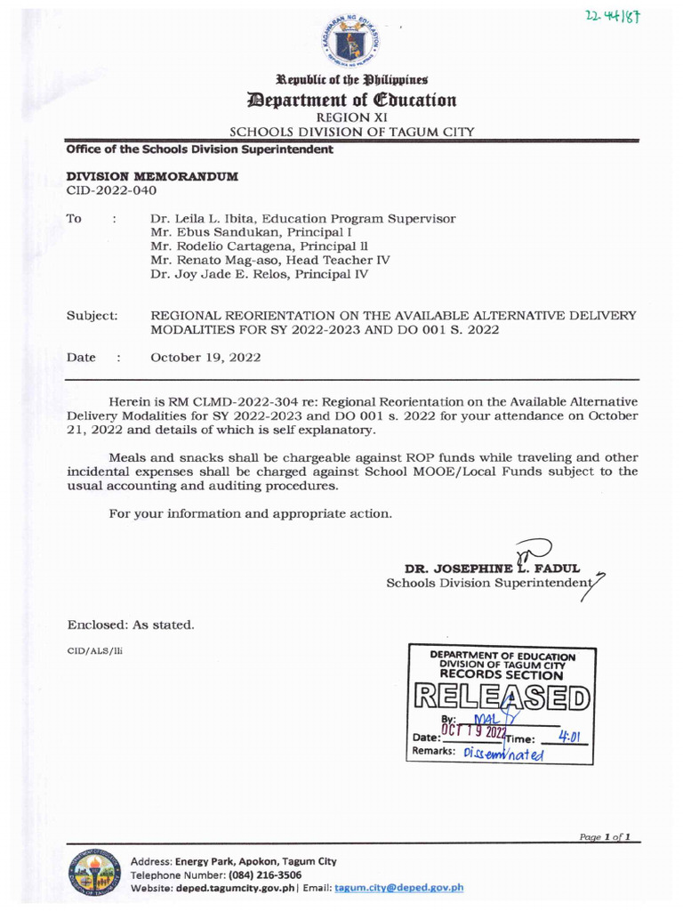 DM Cid 040 10-19-2022 Regional Reorientation On The Available ...