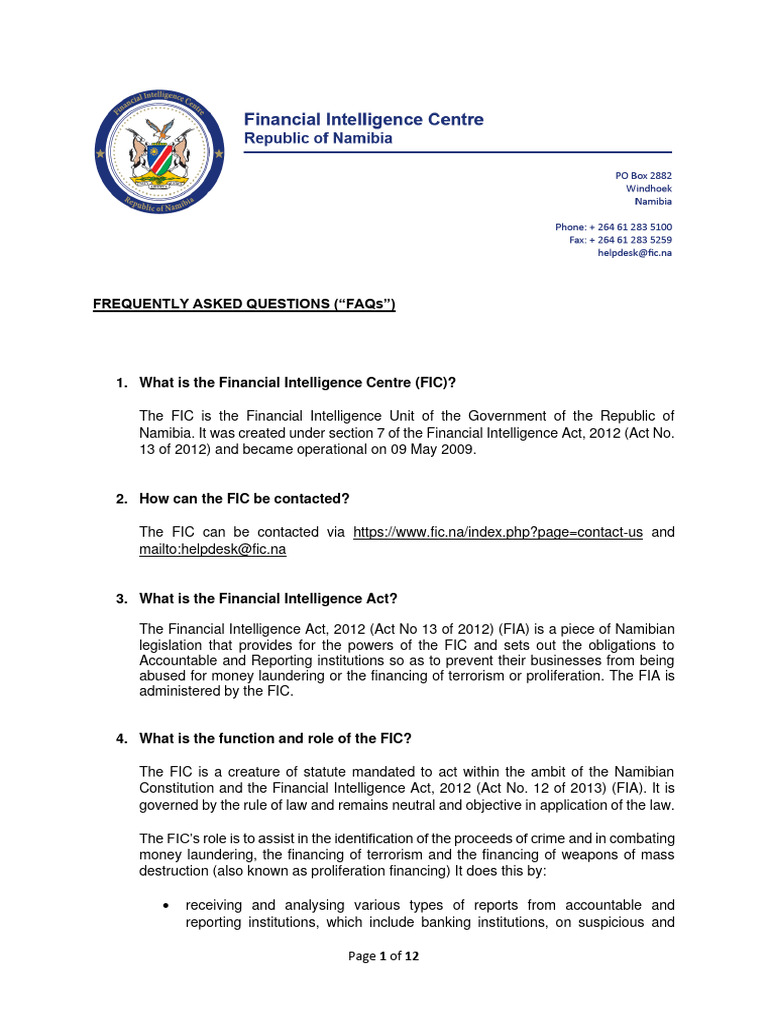 Financial Intelligence Centre FAQs | PDF | Crimes | Crime & Violence