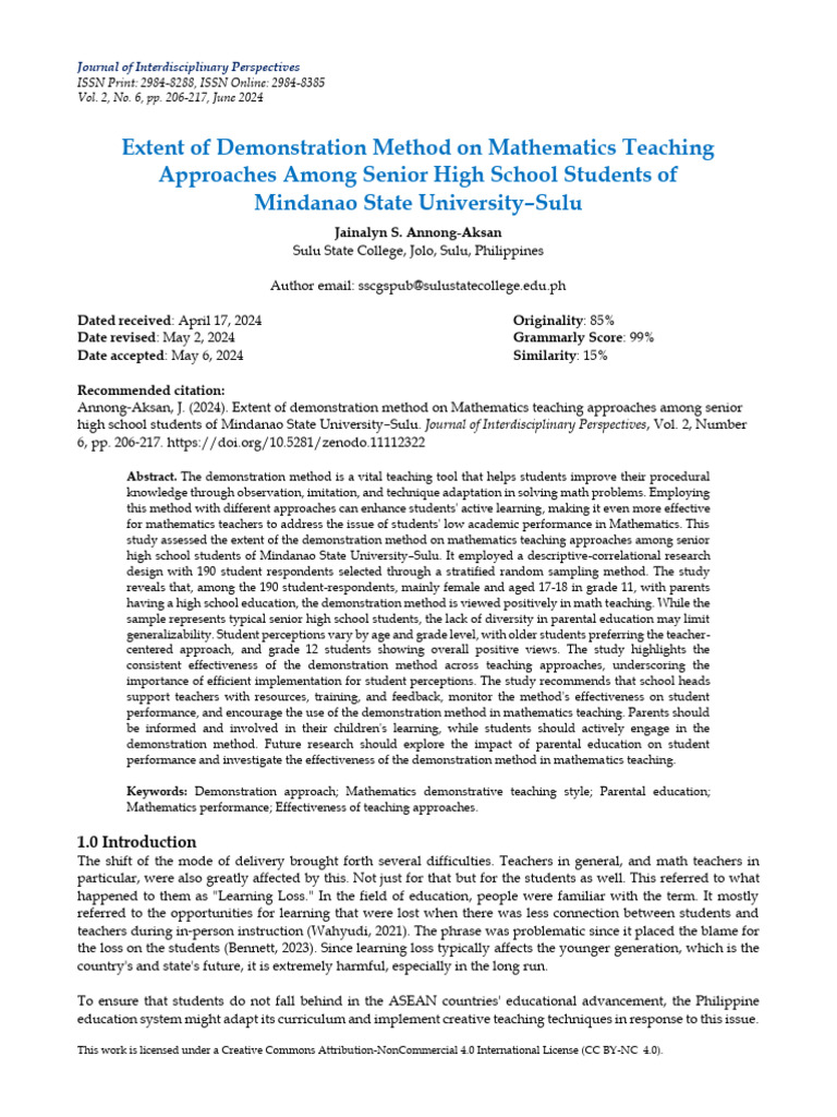 Extent of Demonstration Method On Mathematics Teaching Approaches Among ...