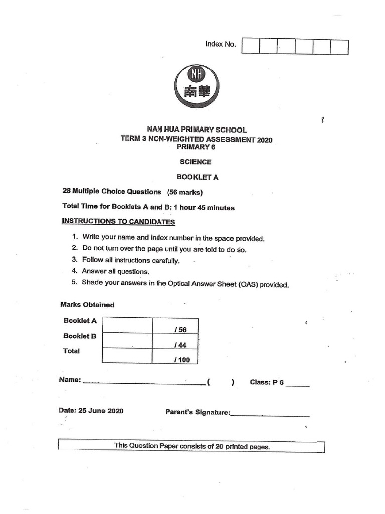 P6 Science 2020 SA1 Nanhua Exam Paper | PDF