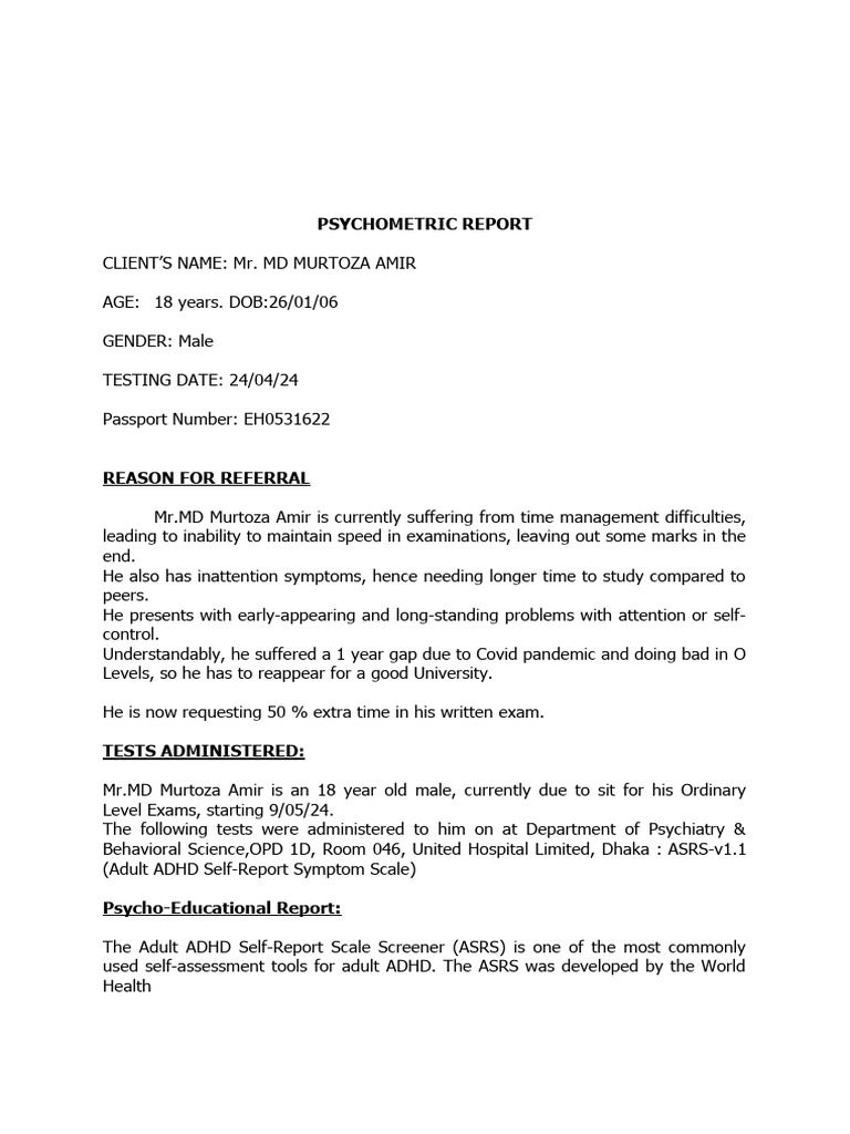 Psychometric Report | PDF | Attention Deficit Hyperactivity Disorder ...