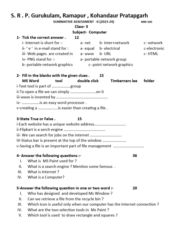 Class 3 Computer Exam Paper | PDF