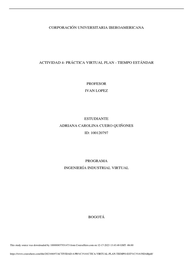 Actividad 4 PR Ctica Virtual Plan Tiempo Est Ndar PDF | PDF | Muestreo (Estadísticas) | Business