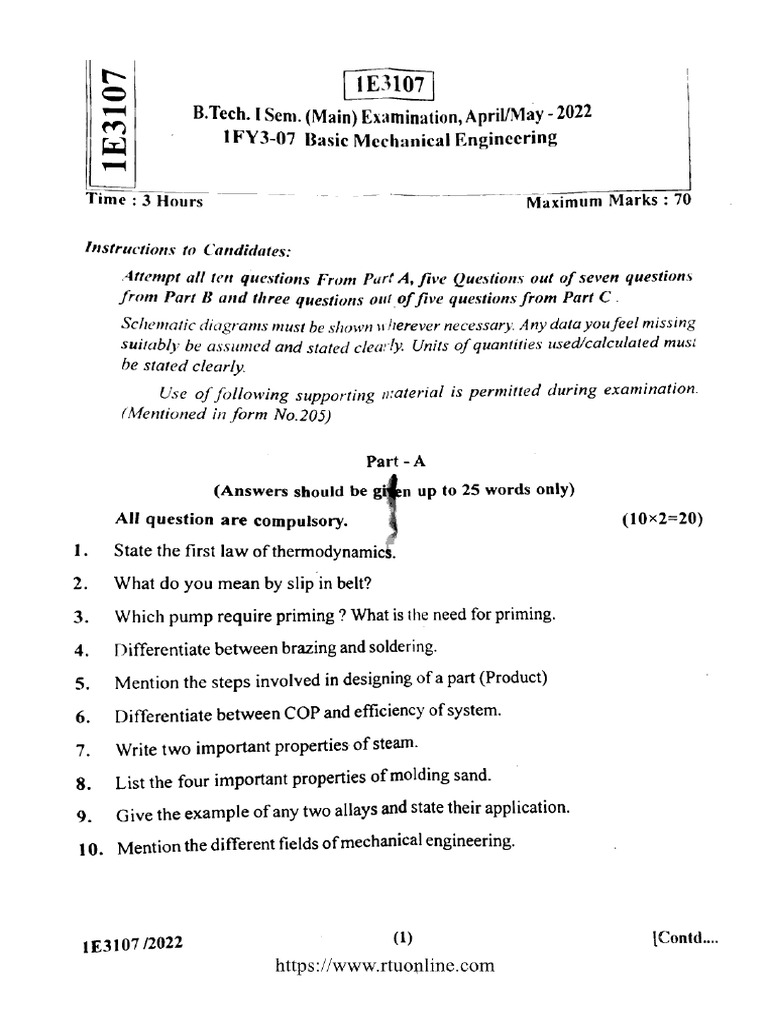 RTU 2022 1sem Question Paper | PDF