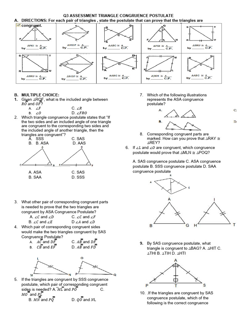 Q3 Assessment Triangle Congruence Postulate | PDF | Euclidean Geometry | Euclid