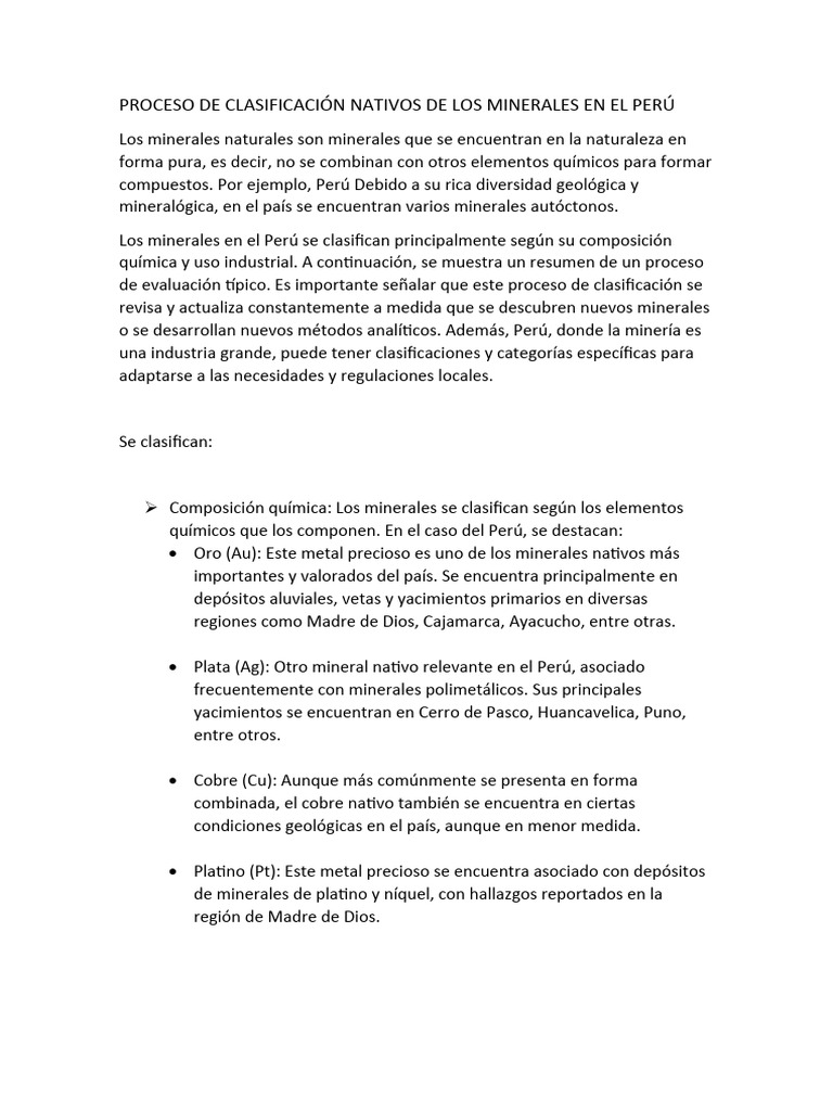 Clasificación Nativos de Los Minerales en El Perú | PDF | Minerales ...