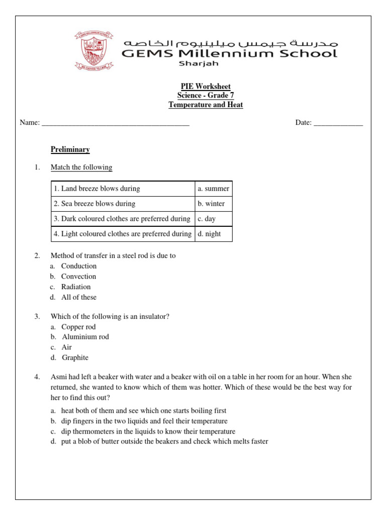 Grade 7 Science: Temperature & Heat Worksheet | PDF | Heat | Thermometer