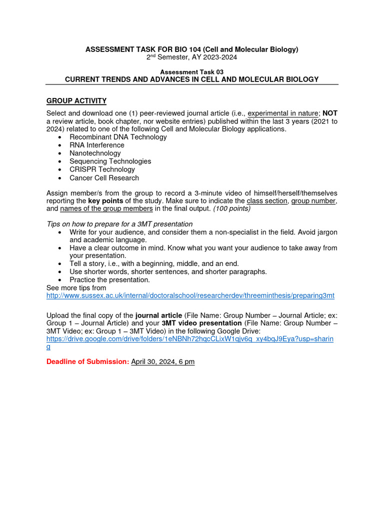BIO 104 - Assessment Task 03 - Current Trends in CMB 3A | PDF | Molecular Biology | Biology