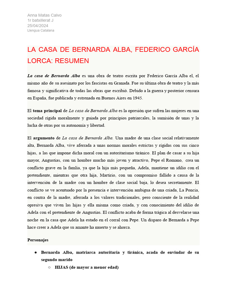 La Casa de Bernarda Alba, Federico García Lorca - Resumen | PDF ...