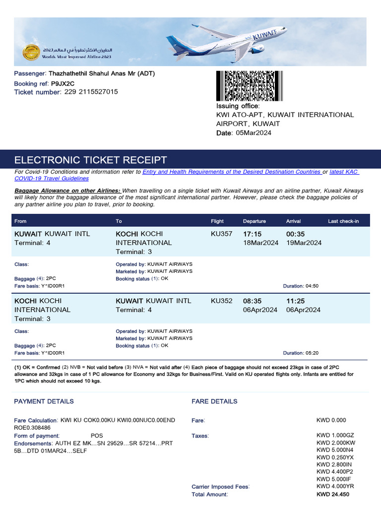 Kuwait Airways E-Ticket Receipt | PDF | Aviation