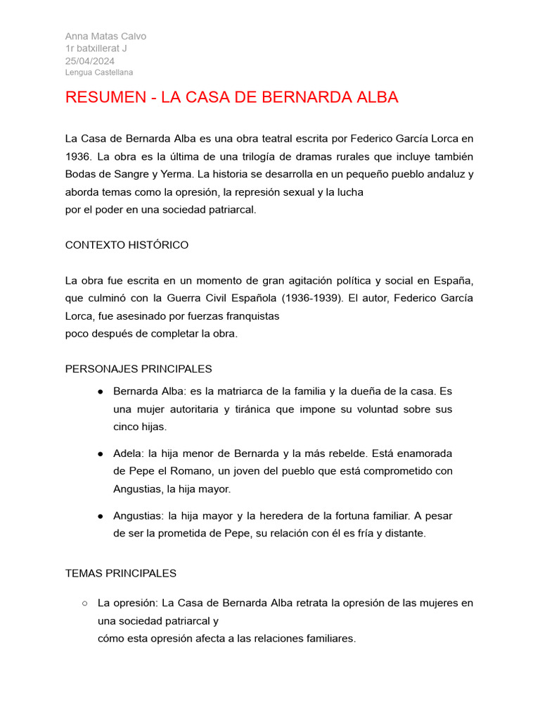 RESUMEN - LA CASA DE BERNARDA ALBA | PDF | Federico García Lorca