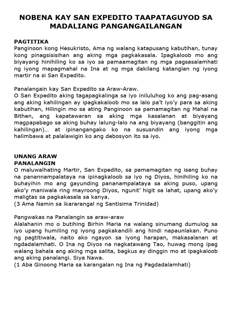 Nobena Kay San Expedito Taapataguyod Sa Madaliang Pangangailangan | PDF