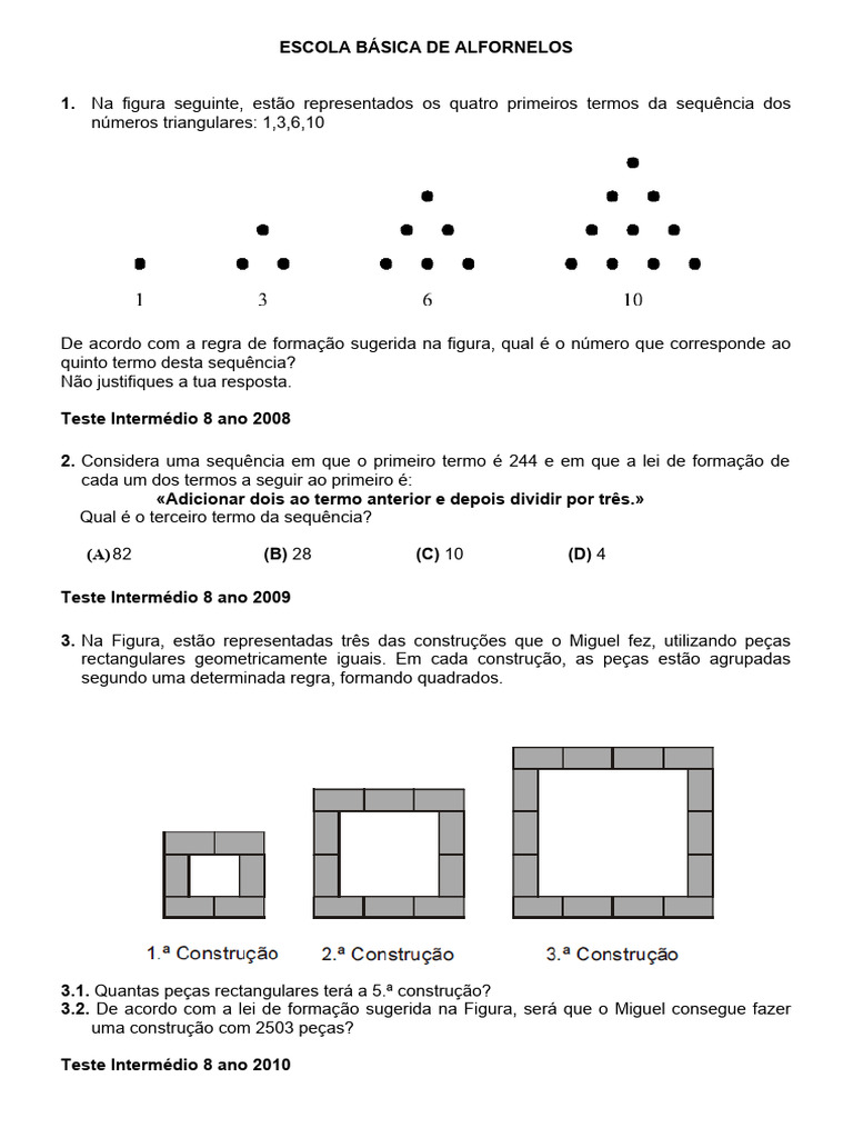 Ficha de Trabalho - 8.º Ano - Sequências e Regularidades - EB Alfornelos. Arminda Pereira | PDF ...