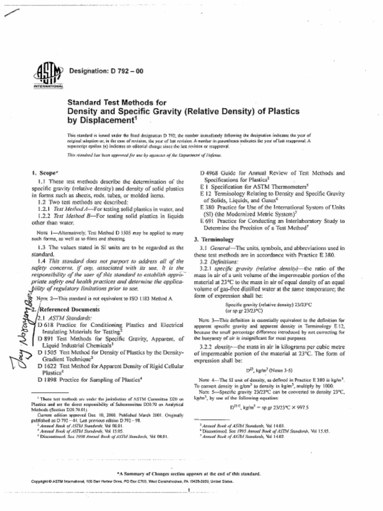 ASTM D 792(Specific Gravity) | PDF