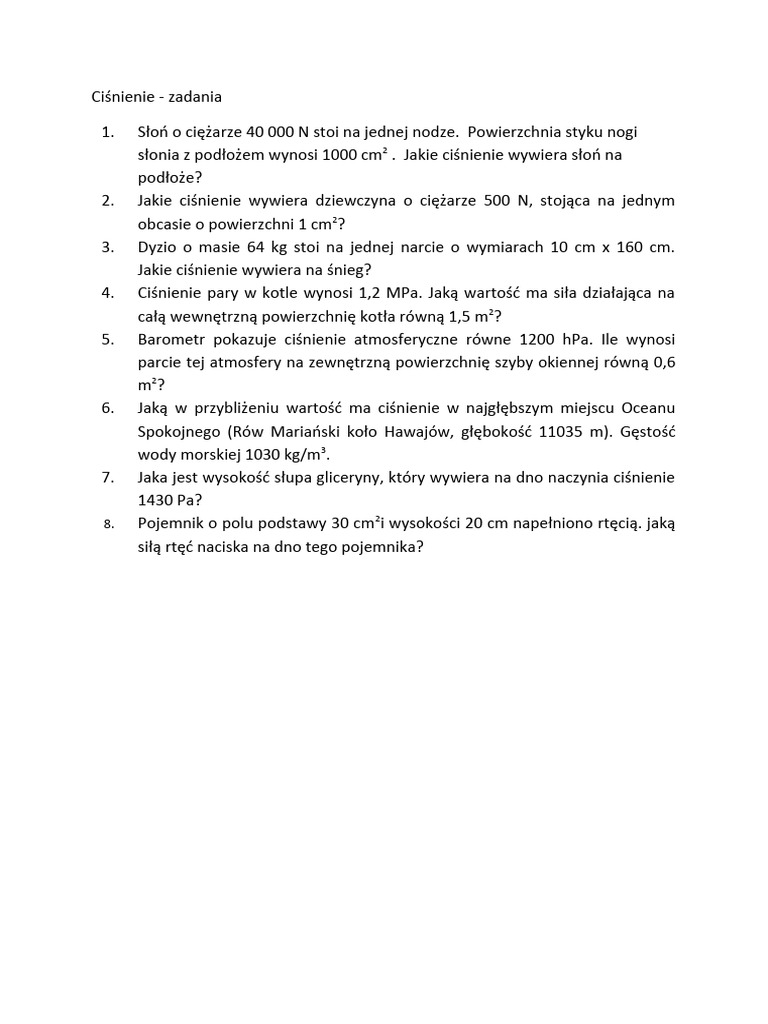 Ciśnienie - Zadania | PDF