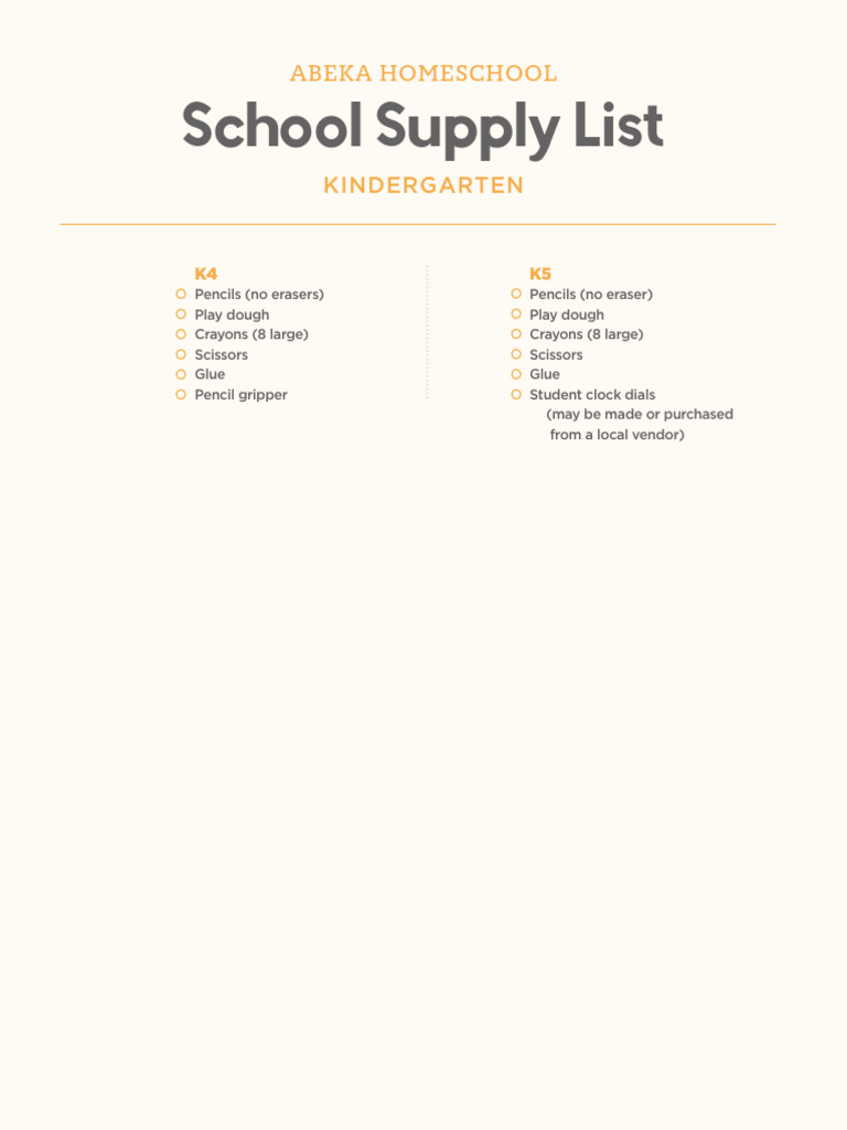REV Abeka School Supplies List Kindergarten | PDF