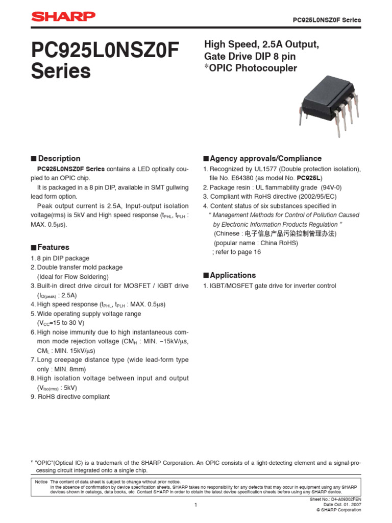 Sharp-Microelectronics-PC925LENIP0F C28113 | PDF | Electronics | Electromagnetism