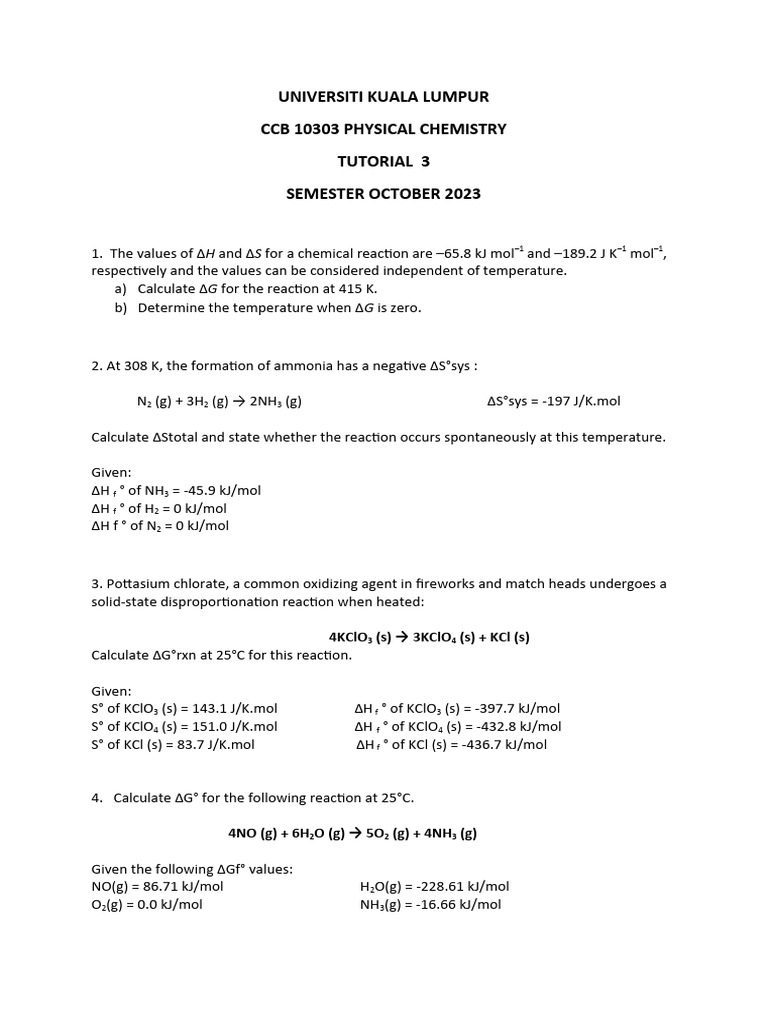 Physical Chemistry Tutorial 3 Solutions | PDF | Teaching Methods ...